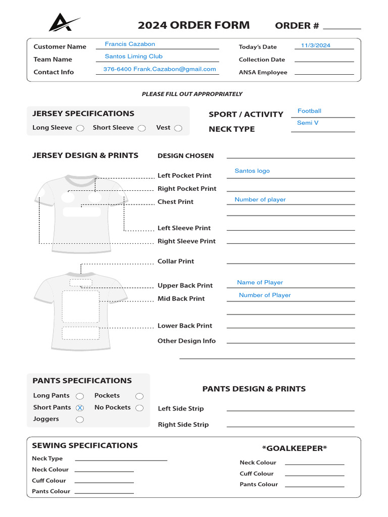 2024 Sports Apparel Order Form | PDF | Clothing