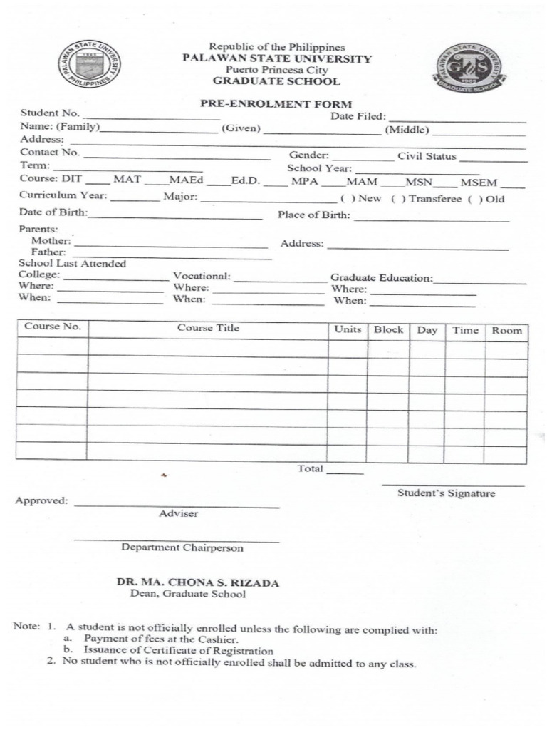 Enrollment Form Psu | PDF