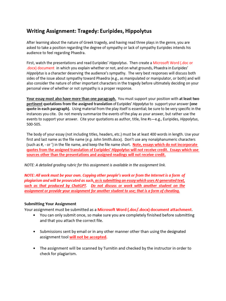 Writing Assignment - Tragedy (Euripides Hippolytus) | PDF | Greek ...