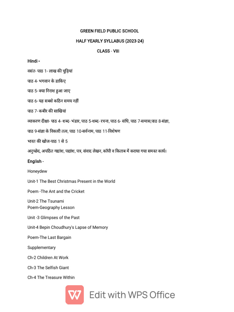 Class 8 Half-Yearly Syllabus 2023-24 | PDF | Languages | Foreign ...