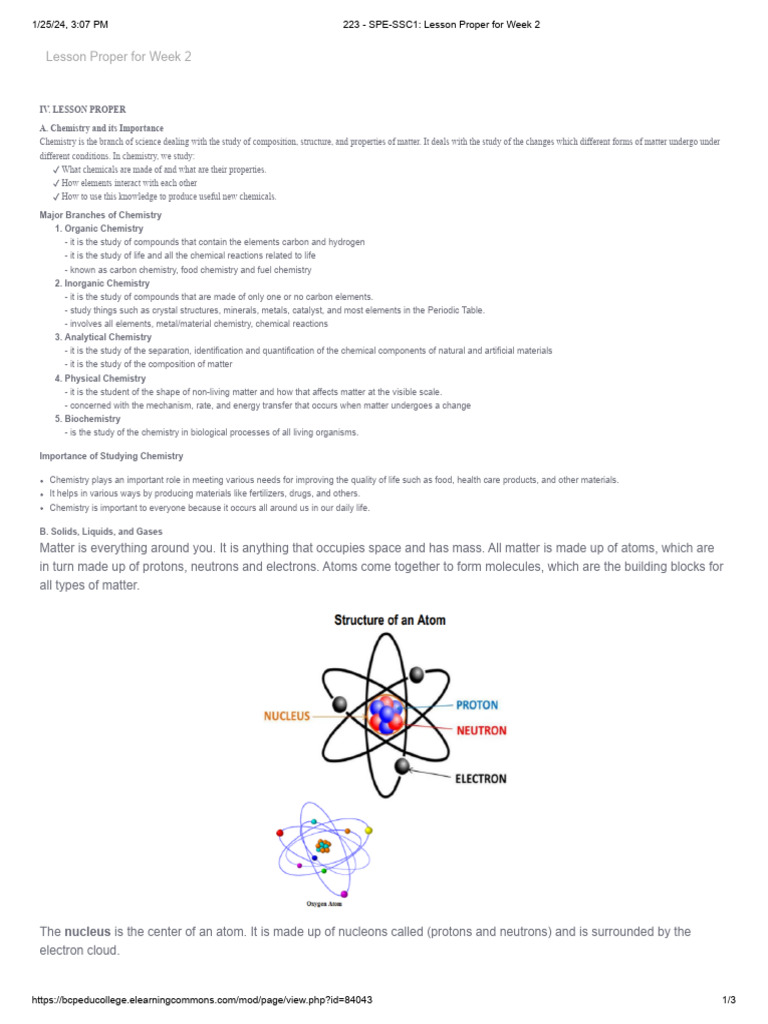 223 SPE SSC1 Lesson Proper For Week 2 | PDF | Atoms | Chemistry