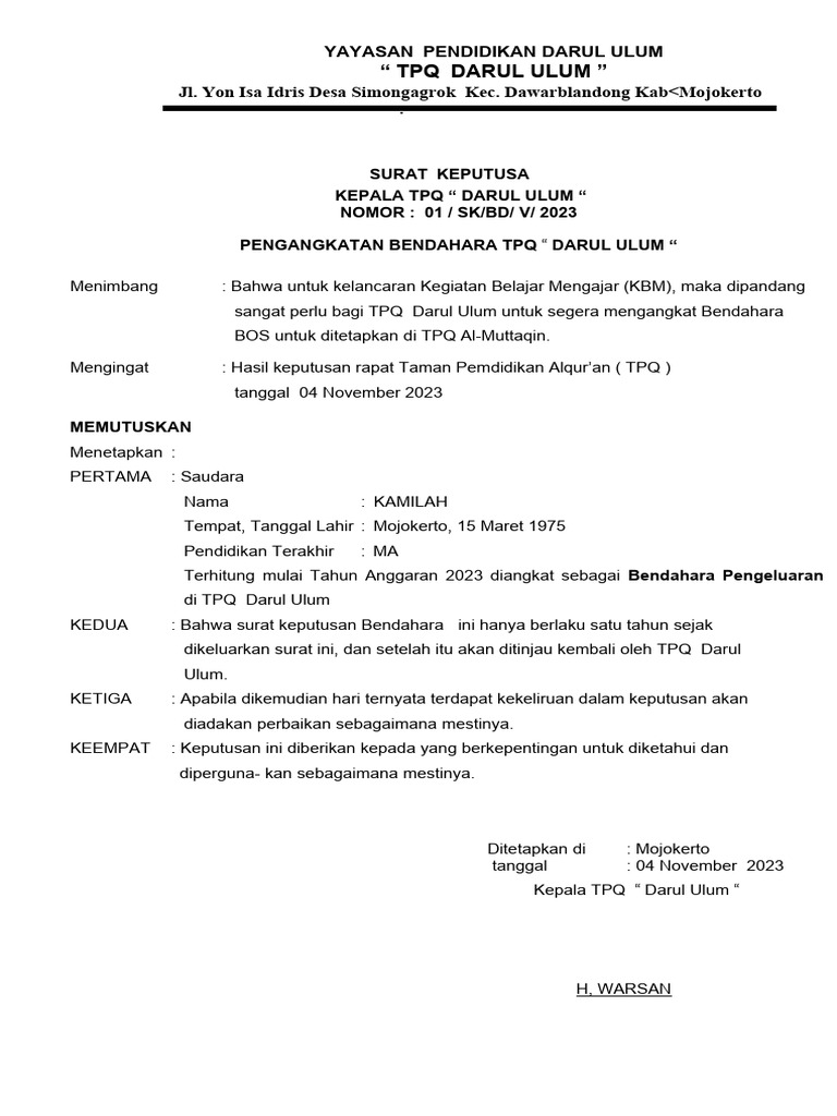 Pengangkatan Bendahara TPQ 2023 | PDF