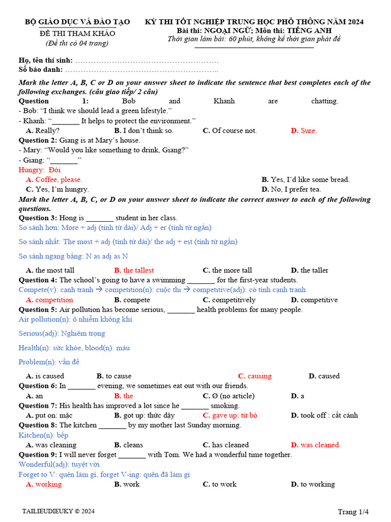 De Thi Minh Hoa Mon Tieng Anh Ky Thi Tot Nghiep THPT Nam 2024 | PDF | Sleep