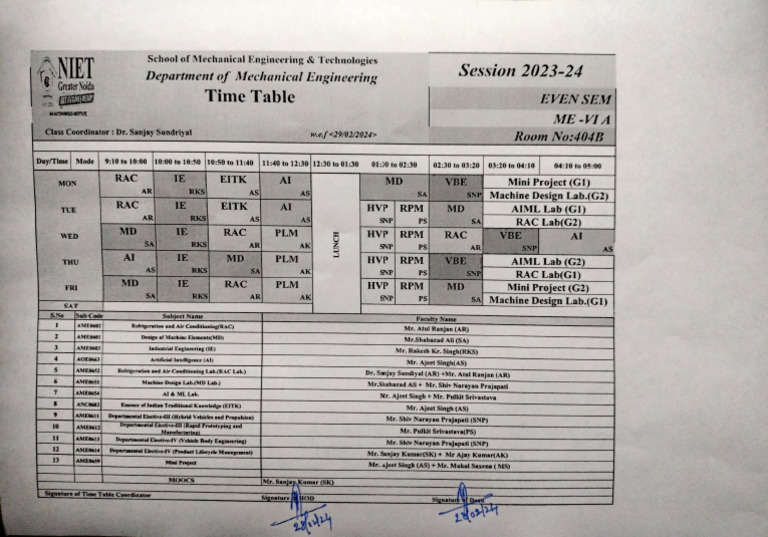 Mechanical Engineering Timetable 2023-24 | PDF | Engineering | Physical Sciences