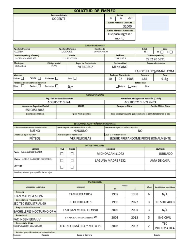 Solicitud de Empleo para Docente | PDF