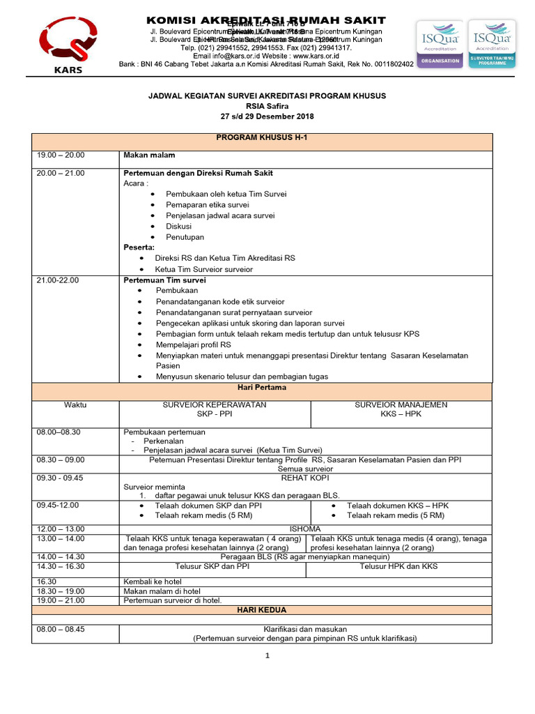Jadwal Survei Akreditasi SNARS Edisi 1 Program Khusus RSIA Safira | PDF