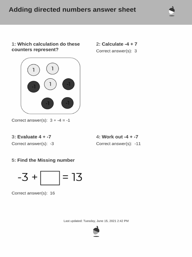 Adding Directed Numbers chjk4t Exit Quiz Answers | PDF