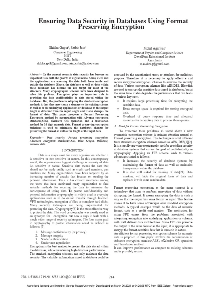 Ensuring Data Security in Databases Using Format Preserving Encryption | PDF | Cryptography ...