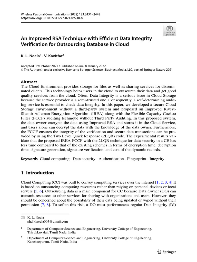 Improved RSA Technique With Efficient Data Integrity Verification For Outsourcing Database in ...