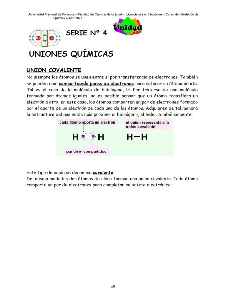 Serie - 4-Uniones - Quimicas - 2o - 2023 | PDF | Óxido | Enlace covalente