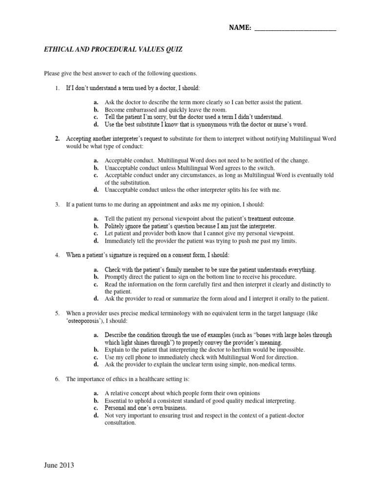 Ethics Quiz - MLW | PDF | Patient | Physician