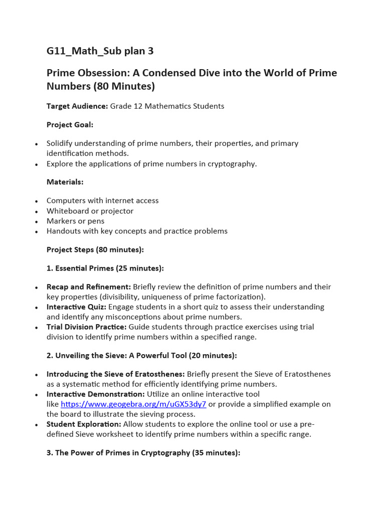 G11 Math Sub Plan 3 Prime Obsession RK | PDF | Cryptography | Prime Number