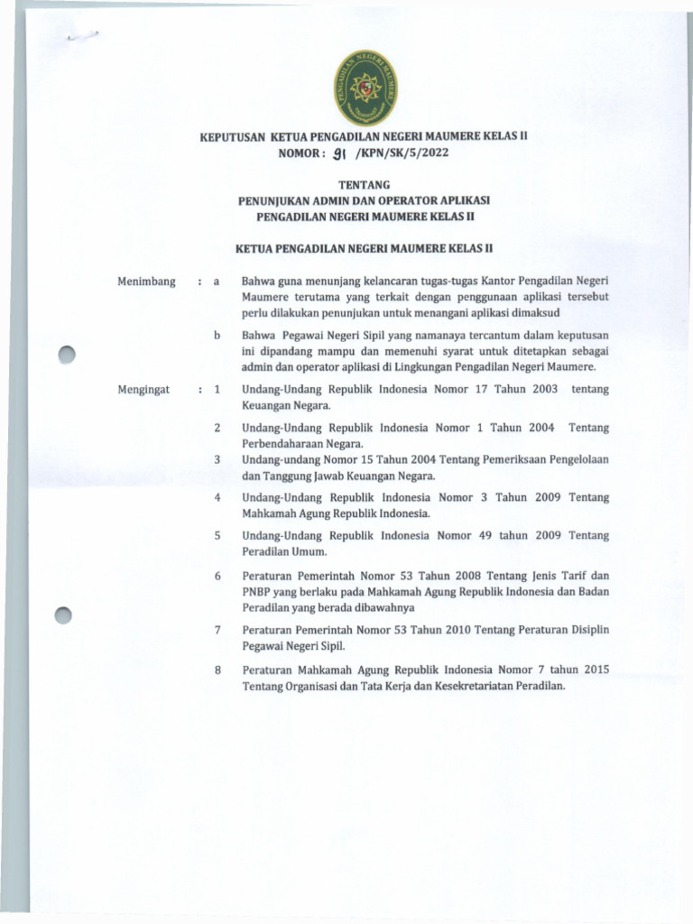 SK Penunjukan Admin Dan Operator | PDF