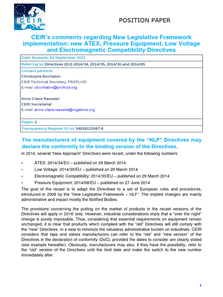 Ceir Position Paper NLF Directives 092015 | PDF | Directive (European ...