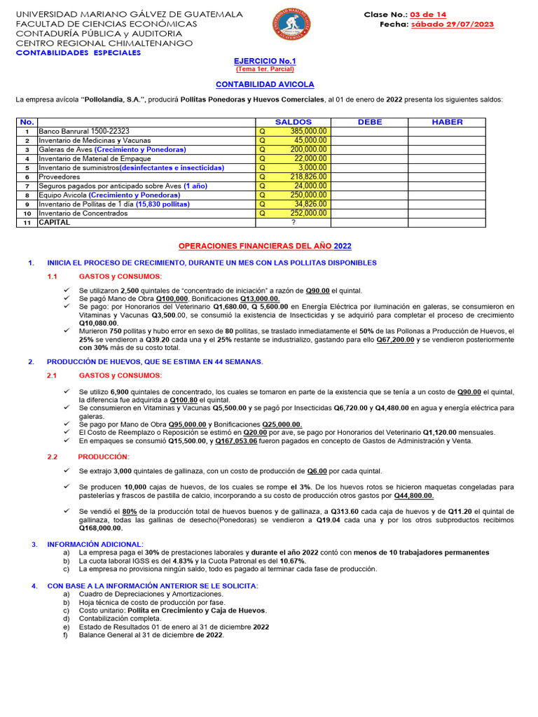 Clase 03 de 14 Ejercicio No.1 - Avicola Hoja de Costos | PDF | Contabilidad | Negocios económicos