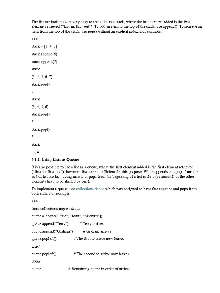 Using Python Lists as Stacks and Queues | PDF | Queue (Abstract Data Type) | Matrix (Mathematics)
