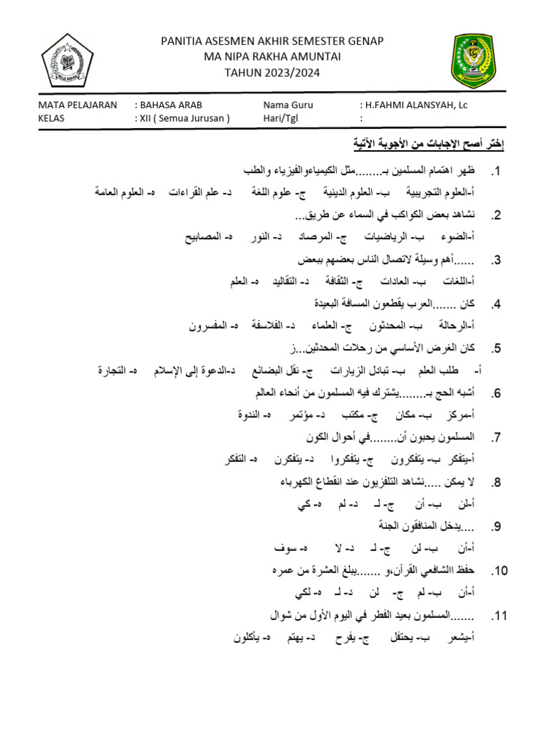 Soal Ujian Bahasa Arab 2024 | PDF
