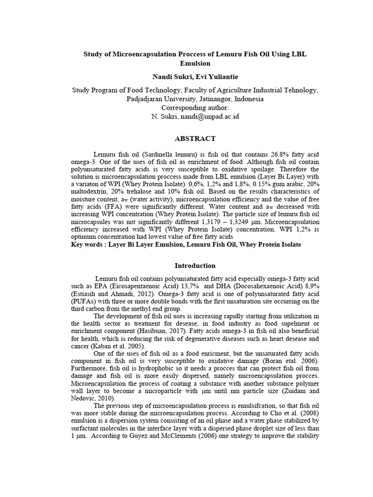 Study of Microencapsulation Proccess of Lemuru Fish Oil Using LBL ...