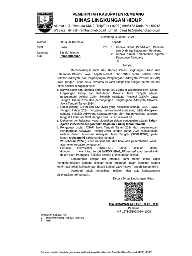 Surat Pemberitahuan Seleksi CSAP 2024 - Signed | PDF