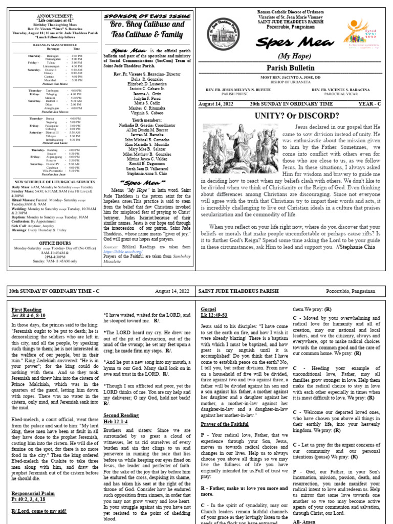 20th Sunday in Ordinary Time Parish Bulletin | PDF | Jesus | Prayer