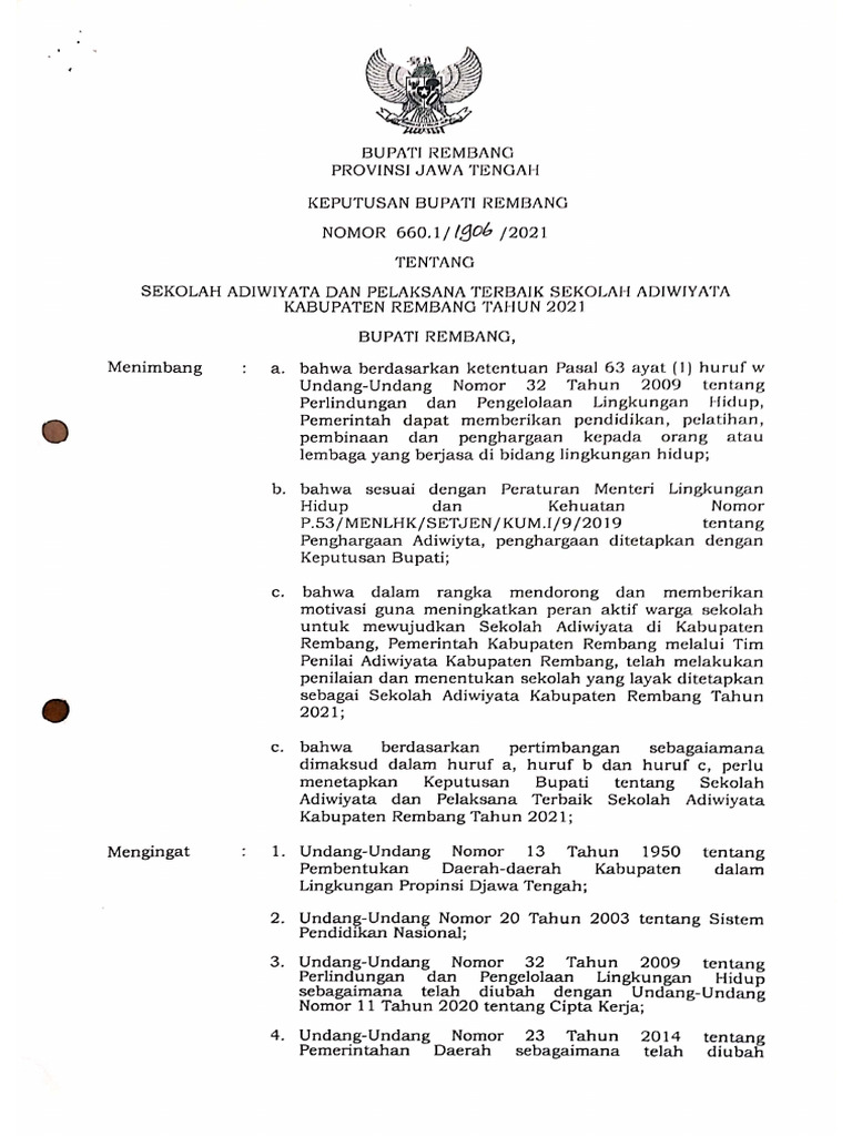 Sk Sekolah Adiwiyata Kabupaten 2021 Pdf