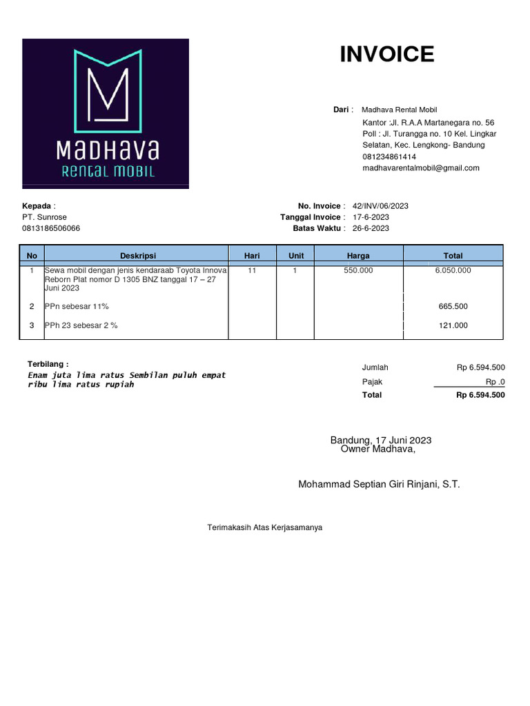 Invoice Sewa Mobil PT. Sunrose | PDF