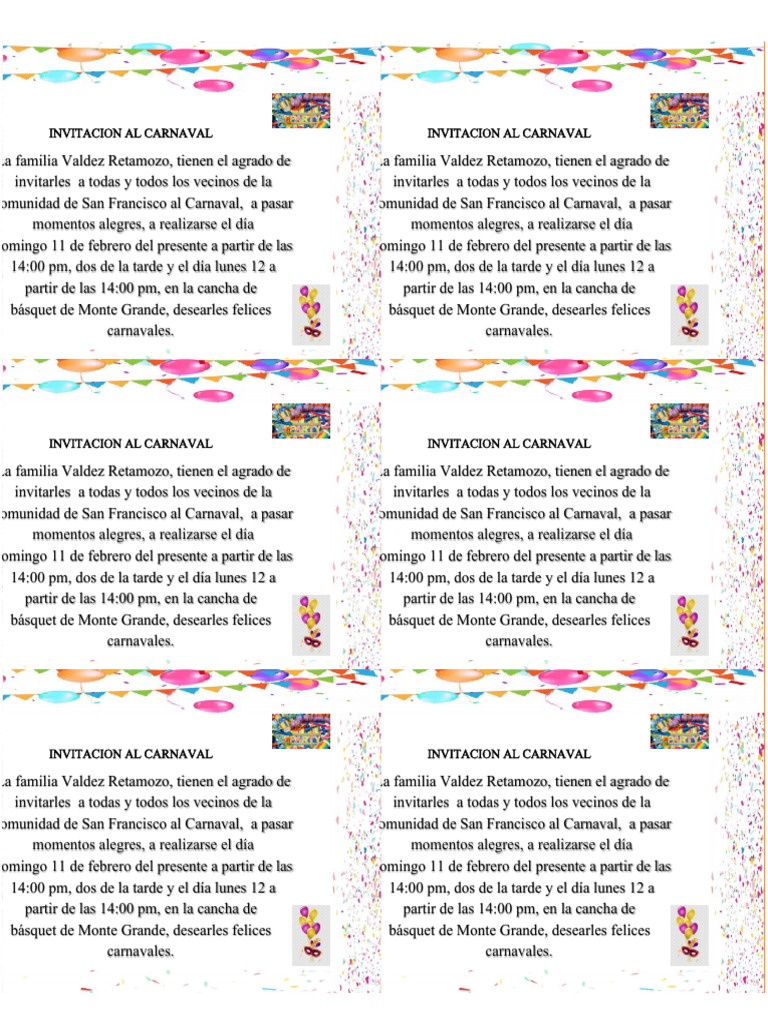 Invitacion Al Carnaval, Flia. Valdez Retamozo | PDF | Carnaval | Desfile