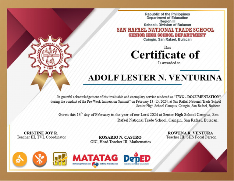 8.5 X 11 Certificate Work Immersion TWG New Edit | PDF