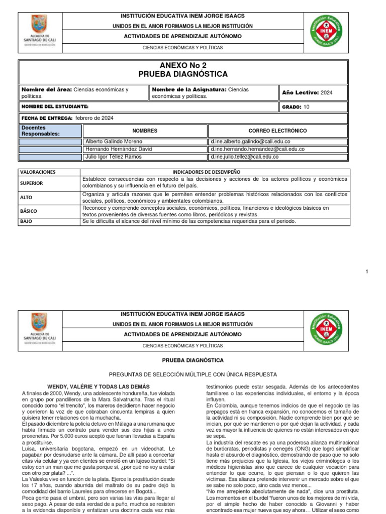 Grado 10 Prueba Diagn-Stica Inem 2024 | PDF | Prostitución | Desarrollo sostenible