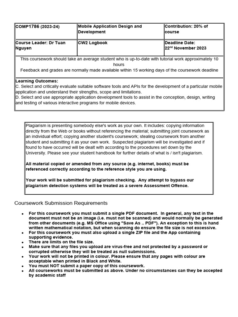 COMP 1786 CW2 - Logbook - 23-24 | PDF | Plagiarism | Graphical User Interfaces