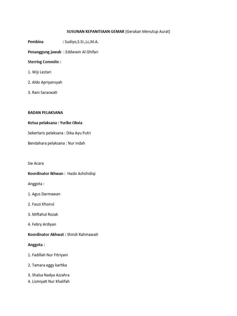 Susunan Kepanitiaan, Gemar Keputrian | PDF