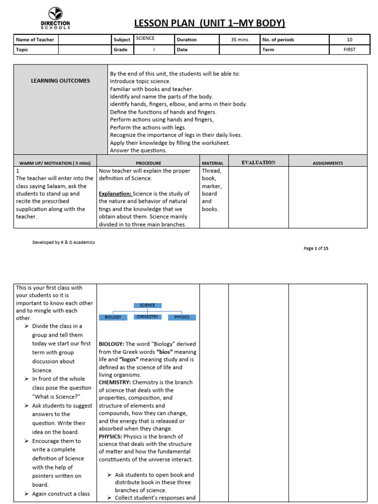 Unit 1 My Body Lesson Plan | Download Free PDF | Science | Lesson Plan