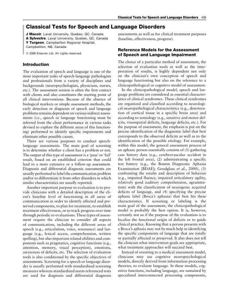 Classical Tests For Speech and Language Disorders | Download Free PDF ...