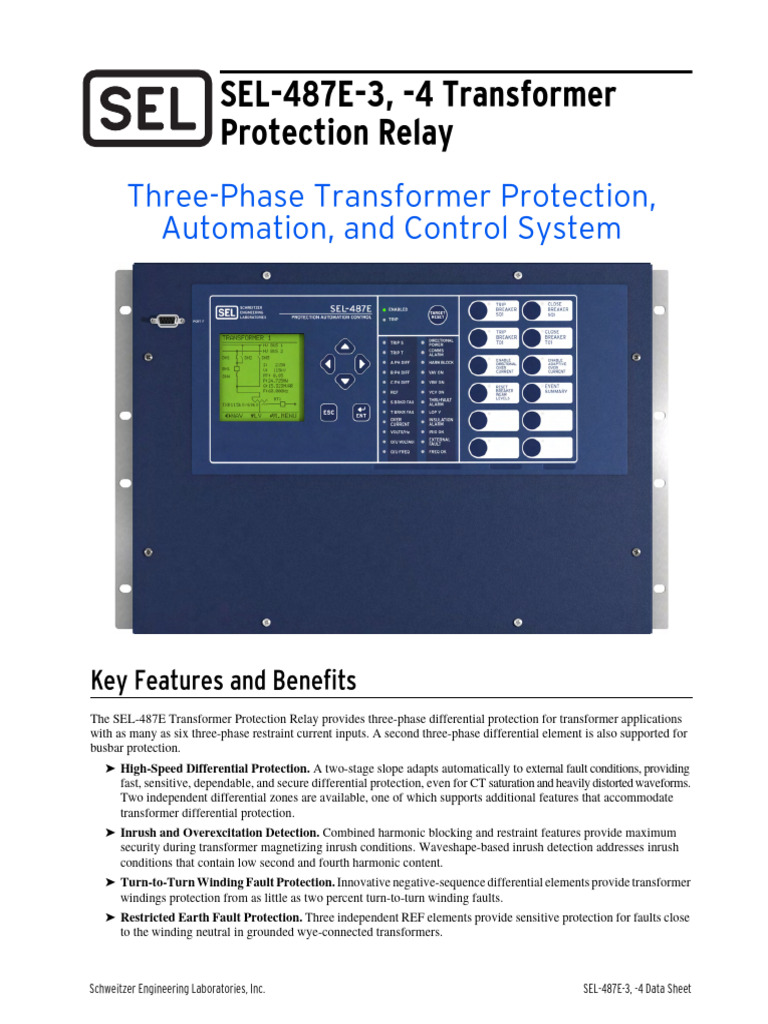 SEL-487E-3, - 4 Transformer Protection Relay: Three-Phase Transformer ...