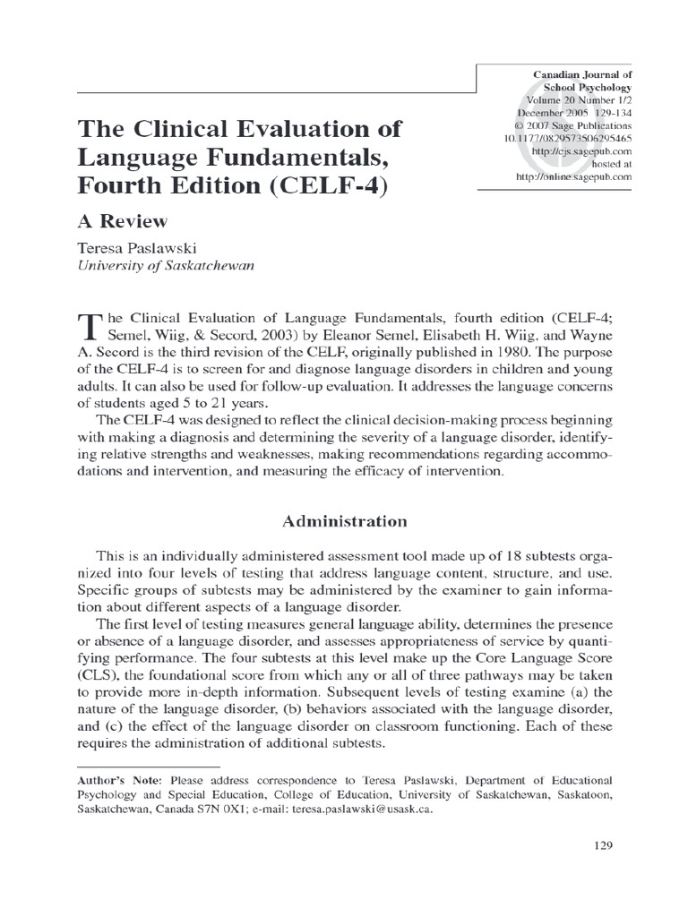 The Clinical Evaluation of Language Fundamentals, Fourth Edition (CELF ...
