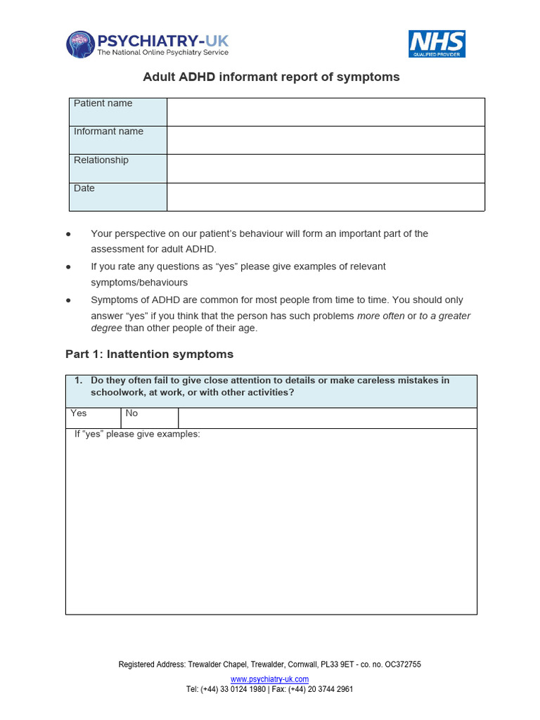 ADHD Informant Report 2 | PDF | Attention Deficit Hyperactivity ...