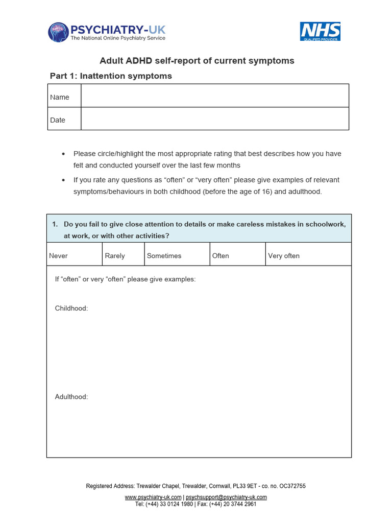 ADHD Self Report 1 | PDF | Attention Deficit Hyperactivity Disorder ...