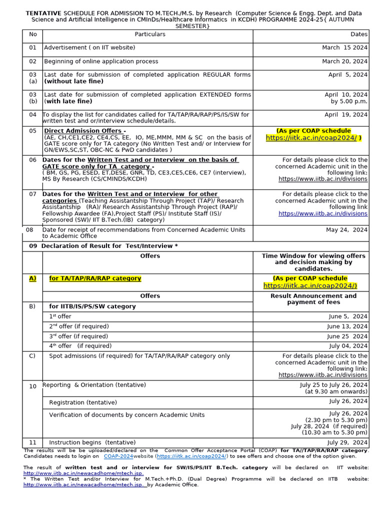 Schedule MTECH Admission 2024-25 | PDF | Science | Vocational Education