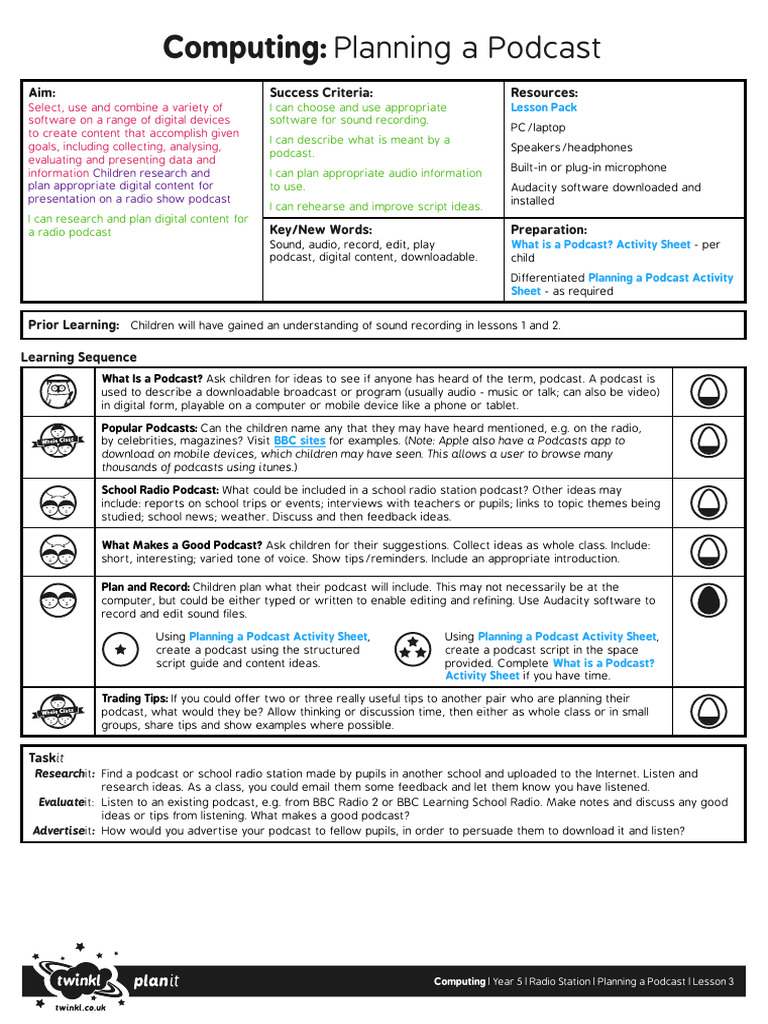 Year 5 Podcast Planning Guide | PDF | Podcast | I Tunes