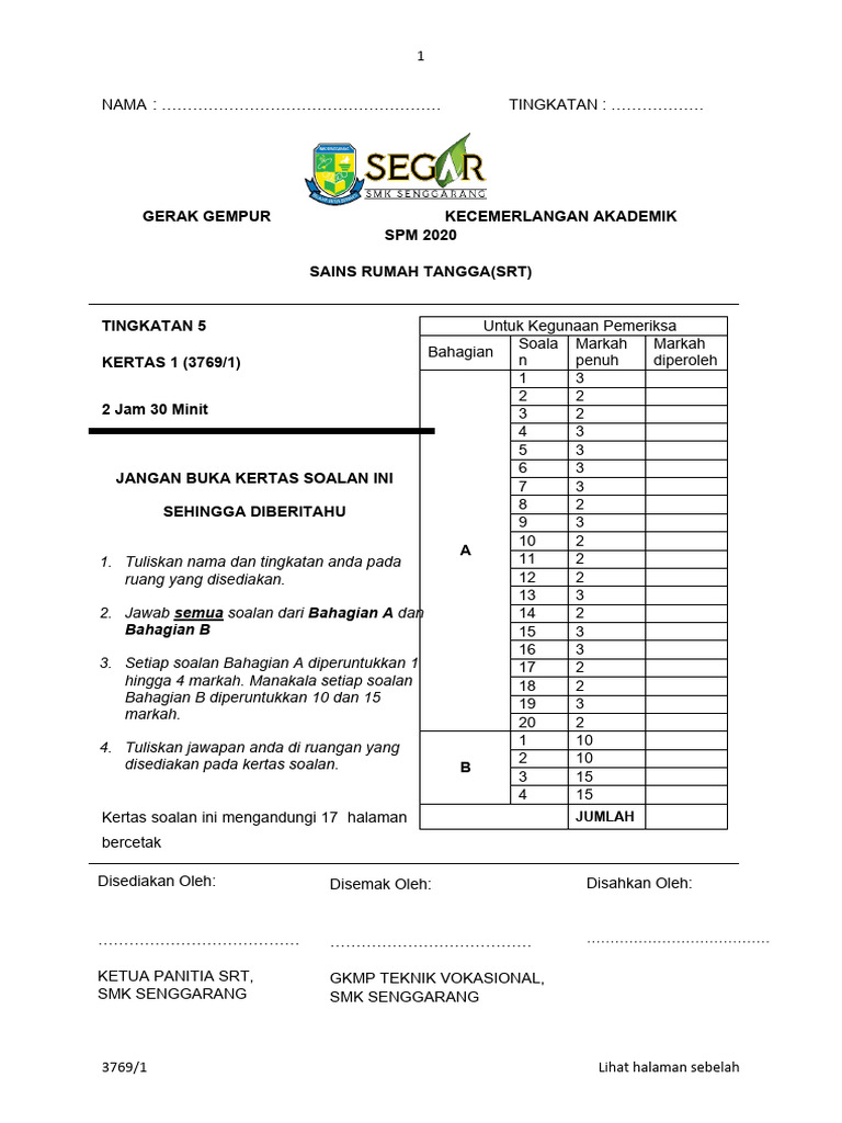 Soalan Percubaan SPM SRT 2020 | PDF