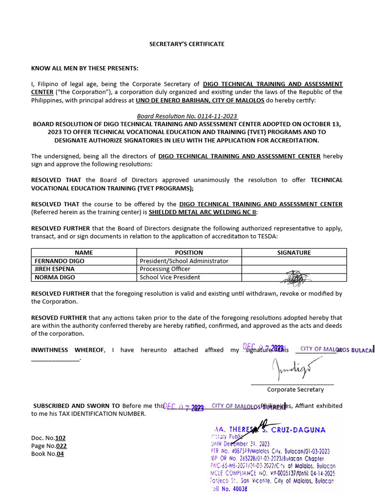 Secretarys Certificate Edited | PDF
