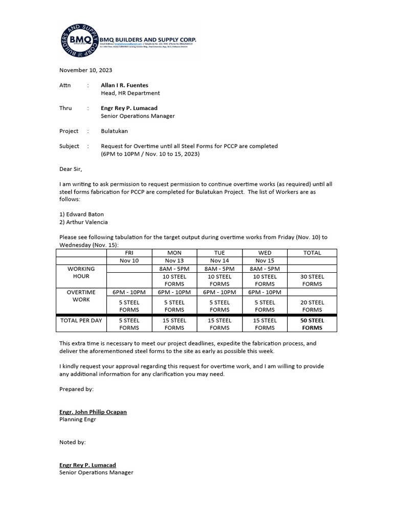 PADADA Request Letter For Overtime Work On Sunday 11 13 23 PDF