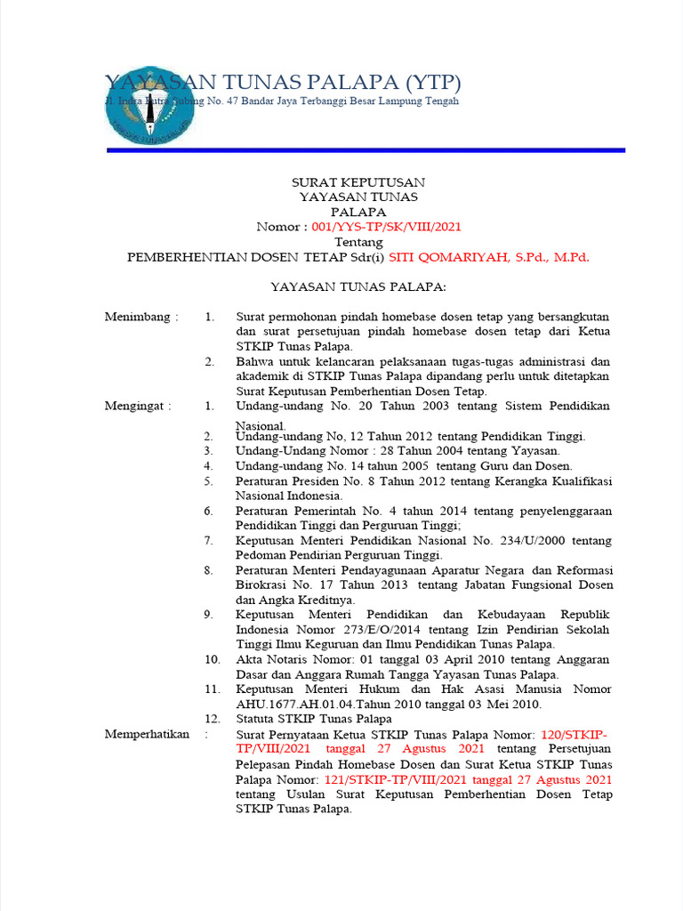 PDF Form SK Yayasan Tupa Pemberhentian Dosen | PDF