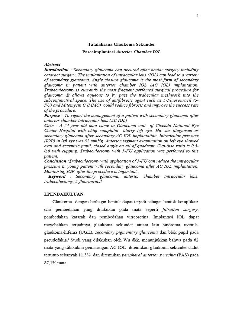 Tatalaksana Glaukoma Sekunder Pascaimplantasi AC IOL - Bernard | PDF