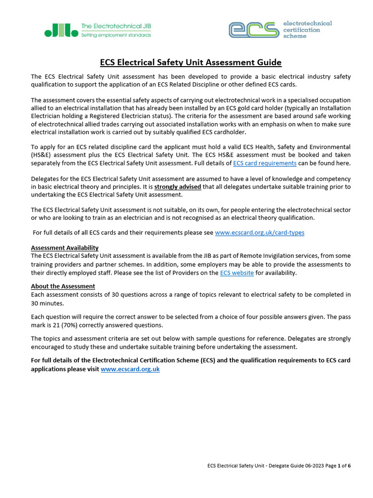 ECS-Electrical-Safety-Unit-Assessment-Guide-2023-06 | PDF | Fuse (Electrical) | Electrical Wiring