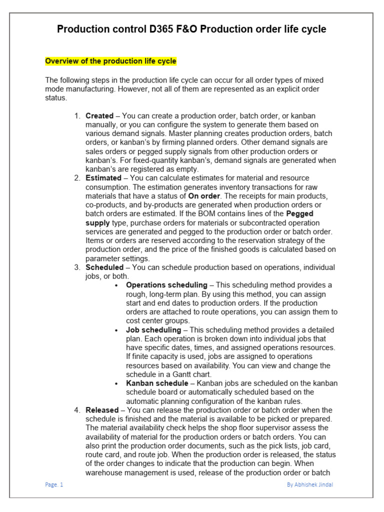 Production Control D365F&O Production Order Lifecycle | PDF | Inventory | Life Cycle Assessment