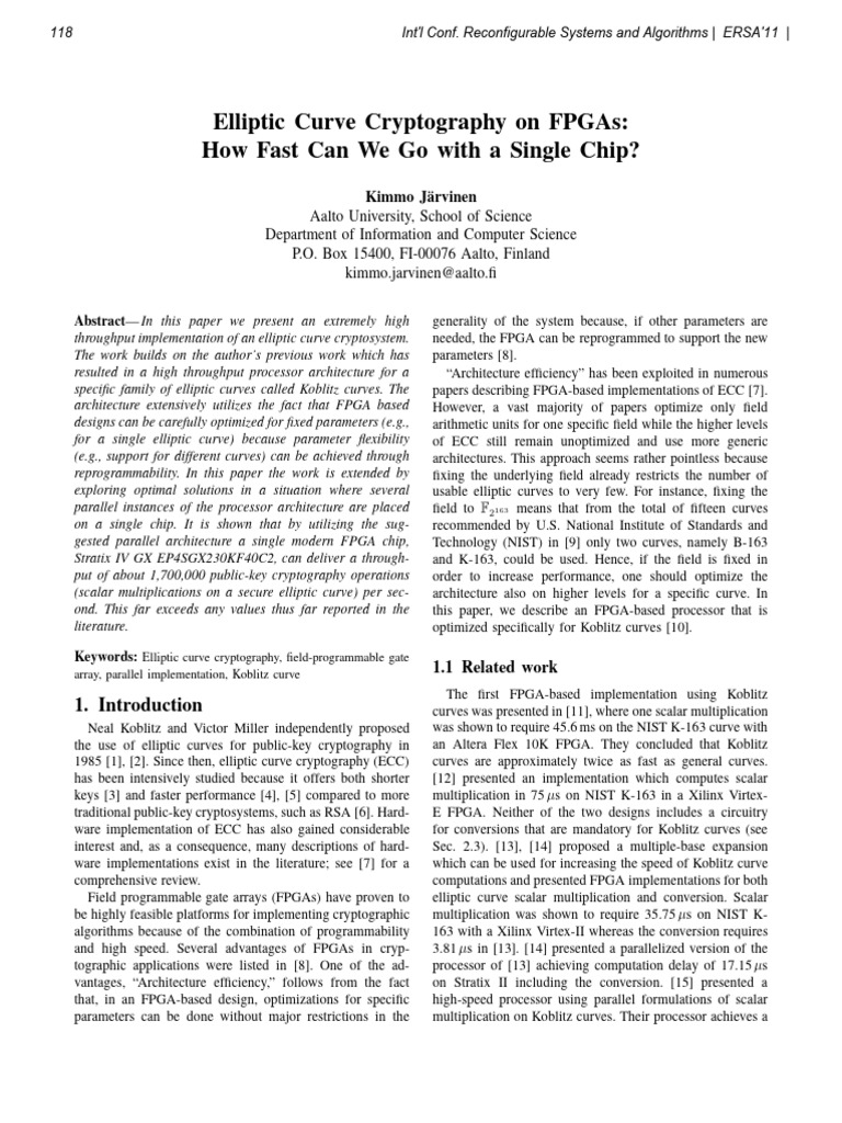 Jarvinen Elliptic Curve Cryptography On Fpgas Pdf Field Programmable Gate Array Mathematics 