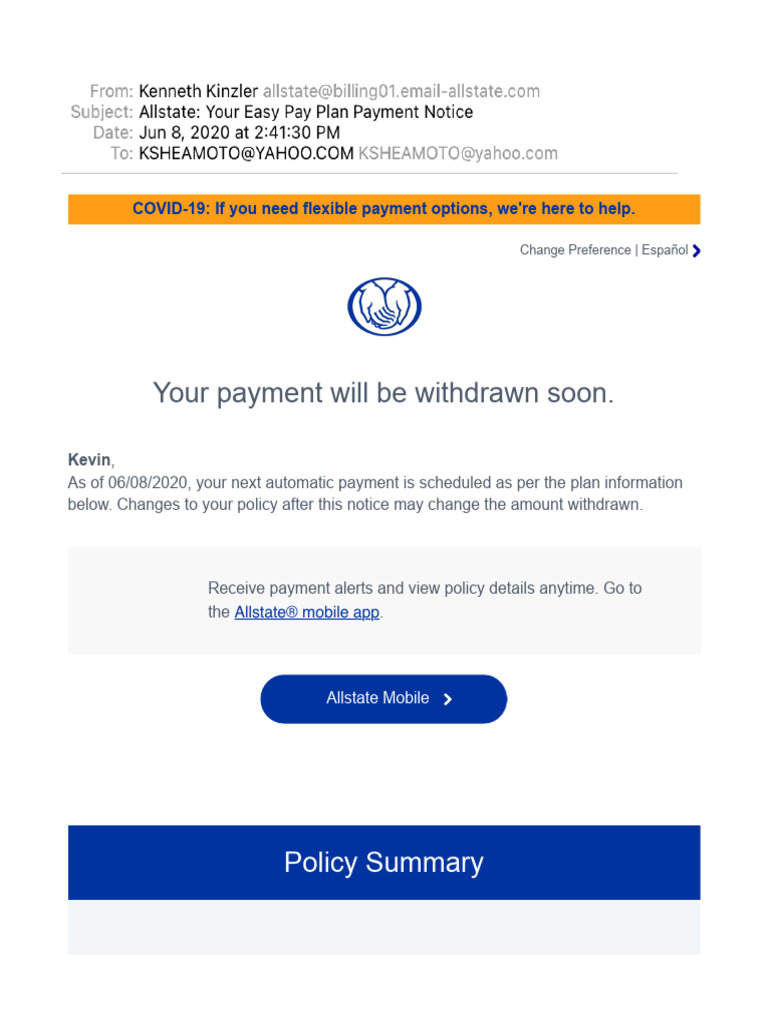 Allstate Your Easy Pay Plan Payment Notice | PDF | Allstate | Insurance