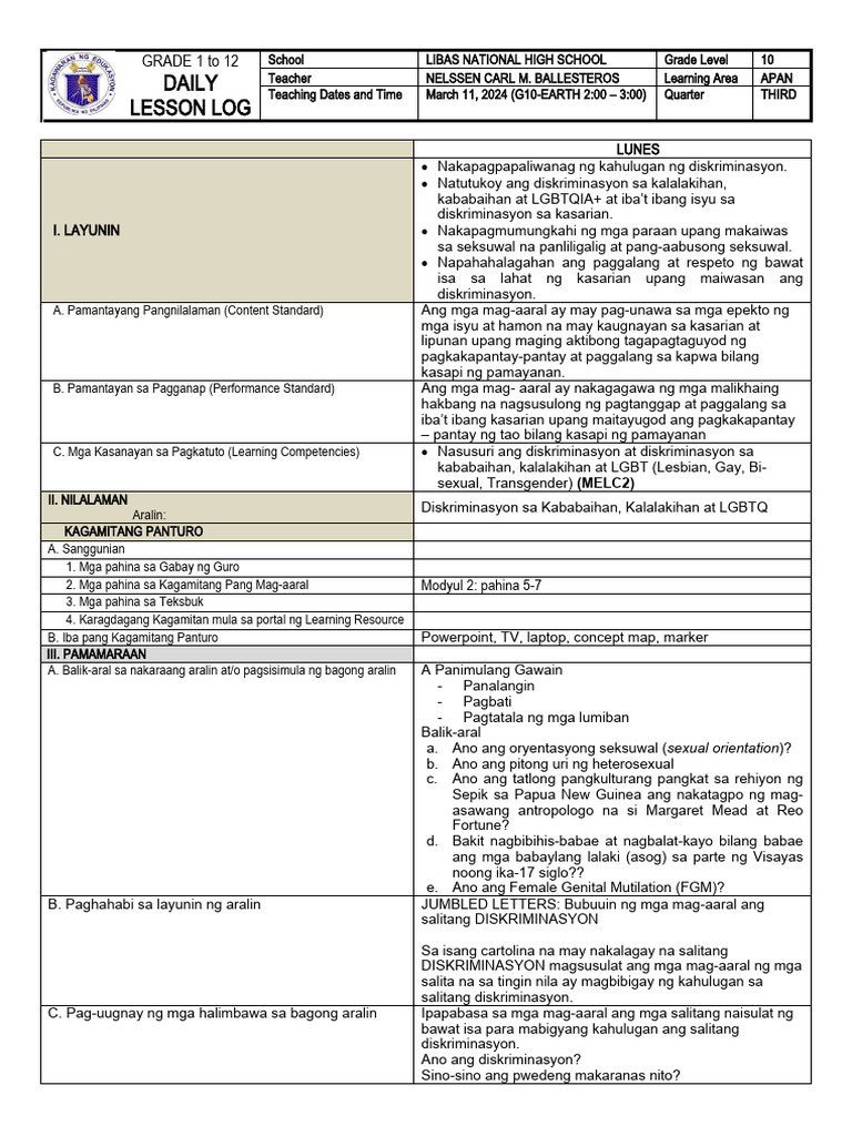 Observation Lesson Plan in Aral Pan A4 | PDF