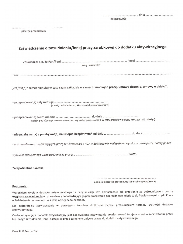 Zaświadczenie o Zatrudnieniu Innej Pracy Zarobkowej Do Dodatku ... Zaświadczenie o Zatrudnieniu Innej Pracy Zarobkowej Do Dodatku ...